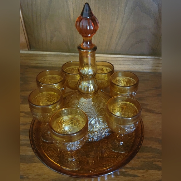 Dining | Vintage Amber Decanter Glasses And Tray | Poshmark